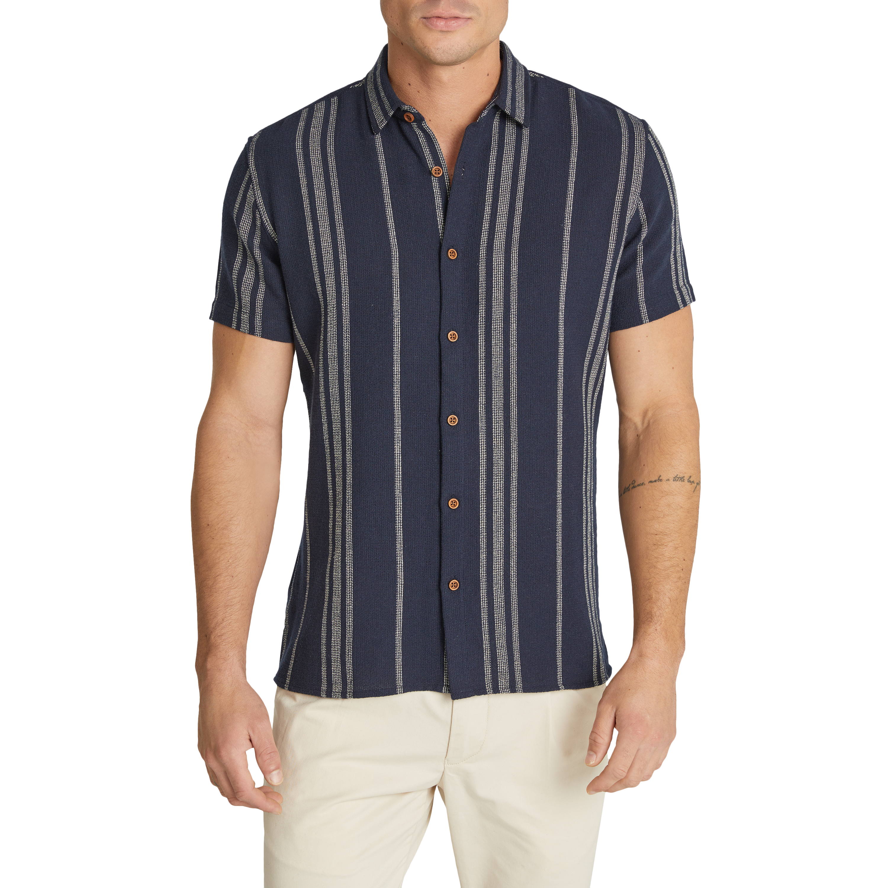 Navy Freeman Stripe Knitted Shirt | Men's Tops | Connor AU