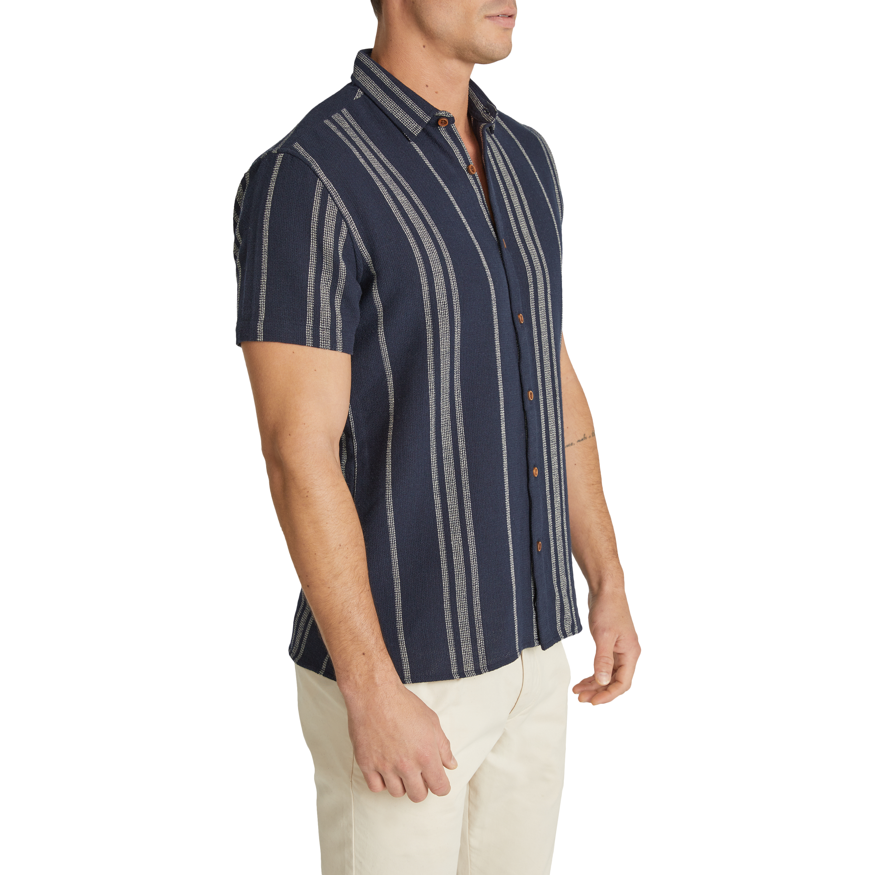 Navy Freeman Stripe Knitted Shirt | Men's Tops | Connor AU