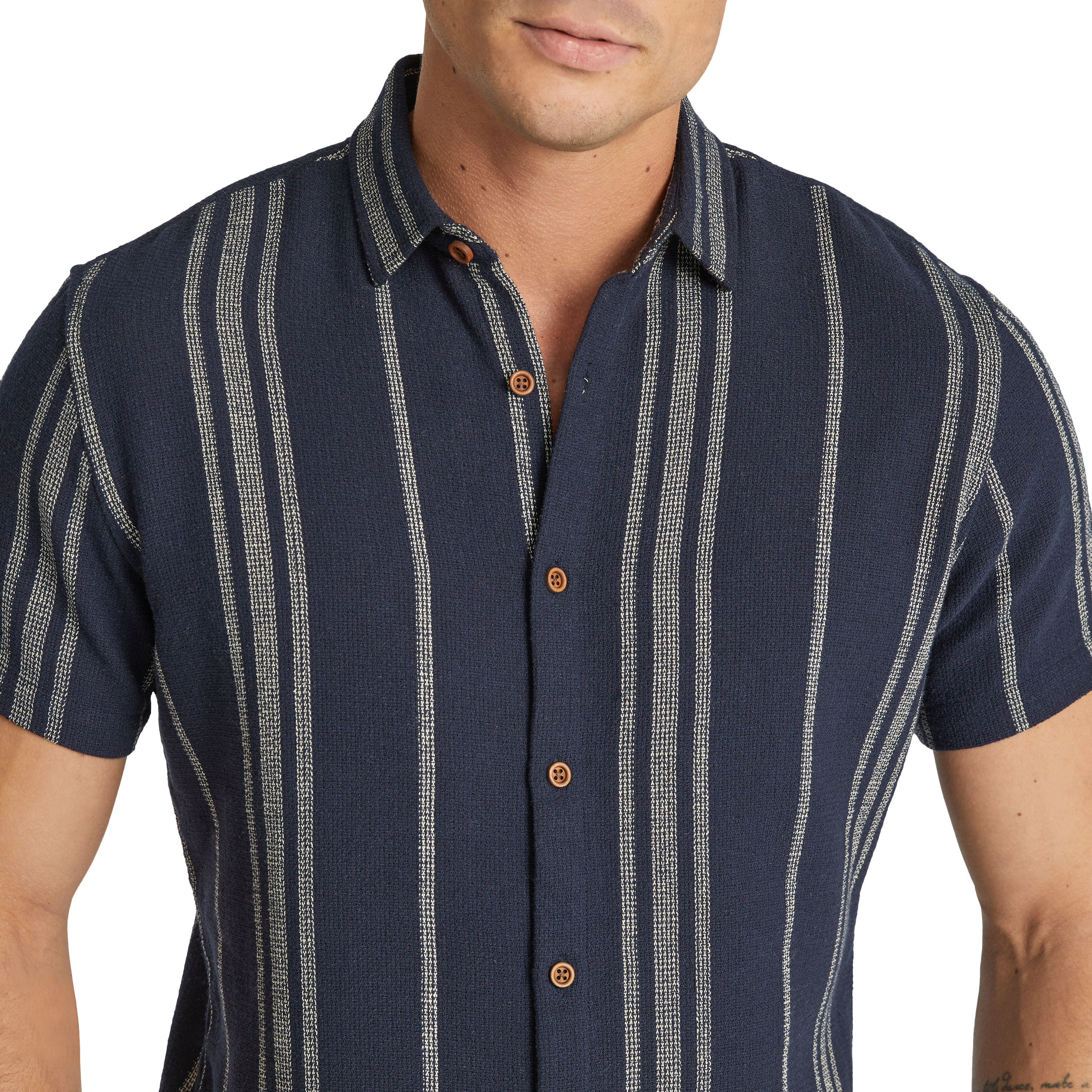 Navy Freeman Stripe Knitted Shirt | Men's Tops | Connor AU